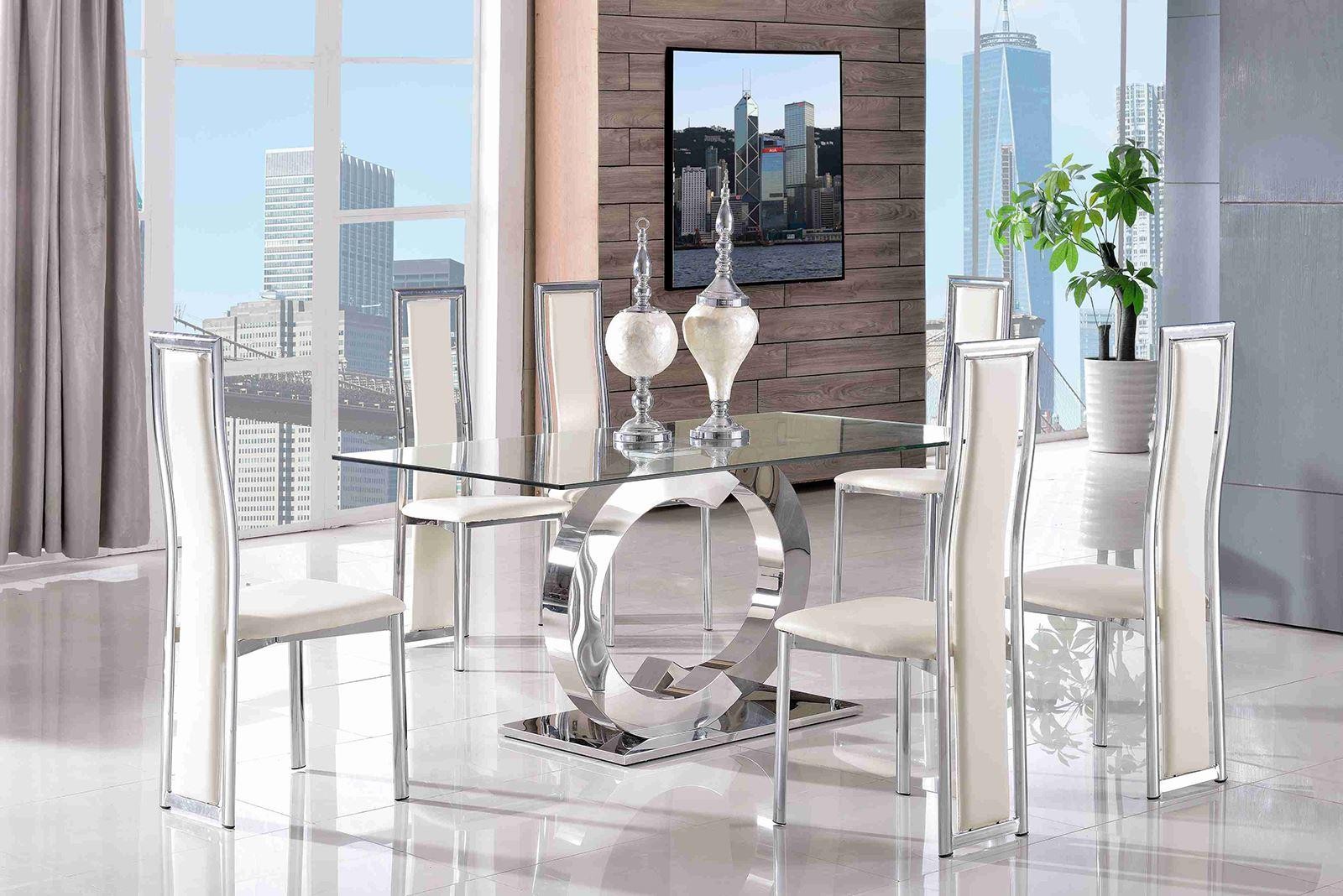 Channel Glass and Polished Steel Dining Table with 4 Elsa Designer ...